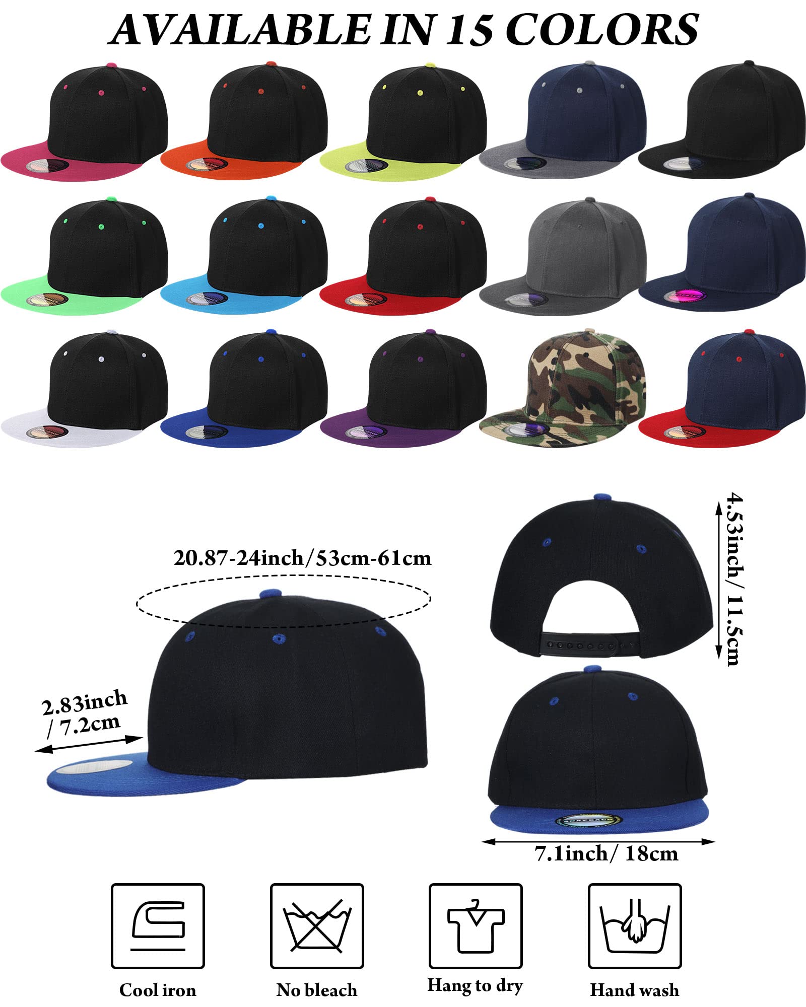 JaGely 15 Pack Snapback Hats for Men Hip Hop Style Hats Solid Baseball Hats Adjustable Snapback Cap Flat Brim Baseball Caps(Mixed Colors)