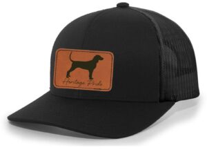 heritage pride canine collection bluetick coonhound hunting dog mens engraved leather patch mesh back trucker hat, black/black