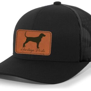 Heritage Pride Canine Collection Bluetick Coonhound Hunting Dog Mens Engraved Leather Patch Mesh Back Trucker Hat, Black/Black