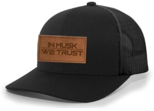 heritage pride in musk we trust elon laser engraved leather patch mesh back trucker hat, black/black