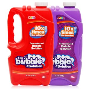 joyin 2 bottles bubbles refill solutions 64oz (up to 5 gallon) big bubble solution 64 oz concentrated bubble solution for bubble machine, gun, wand refill fluid summer, easter toys (red+purple)