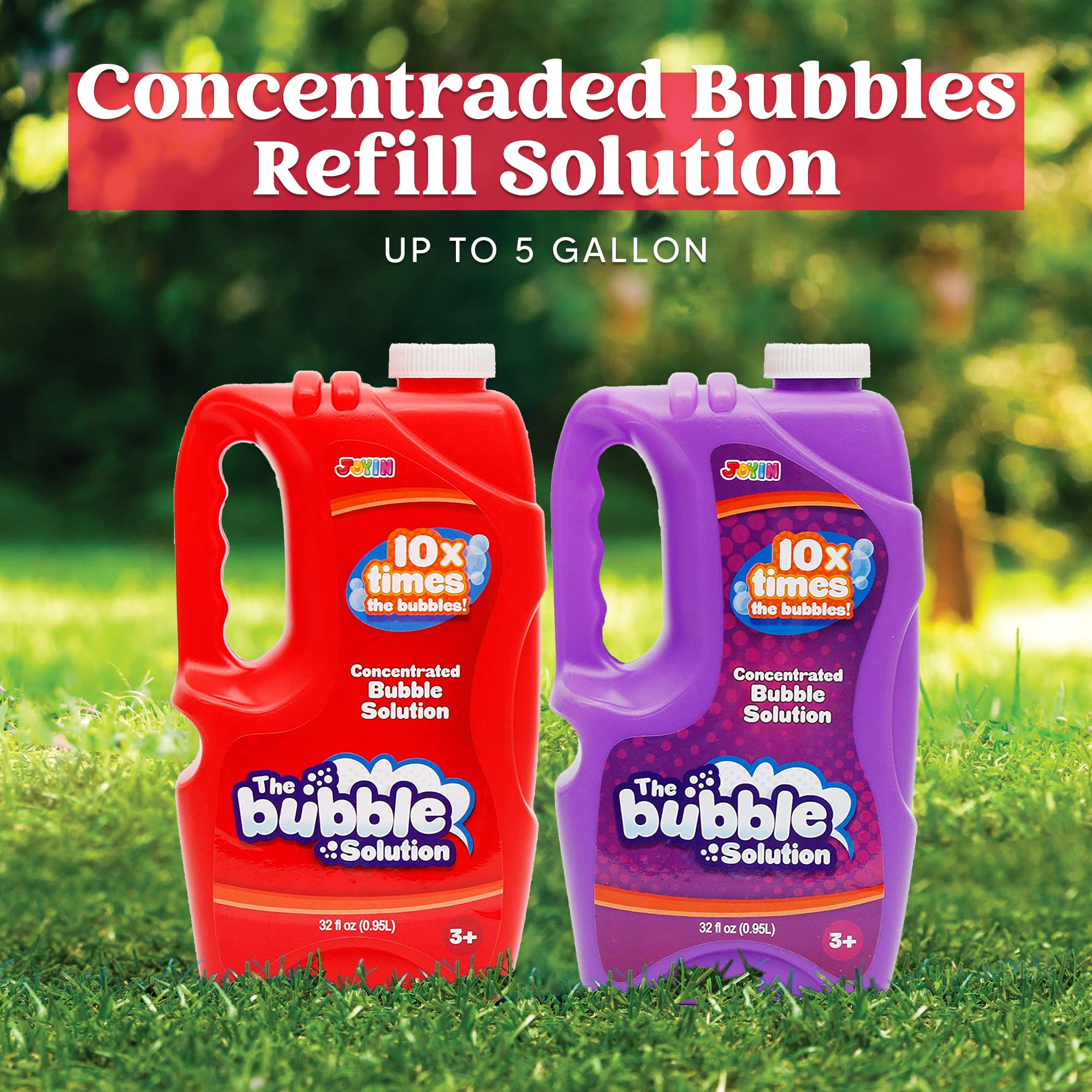 JOYIN 2 Bottles Bubbles Refill Solutions 64oz (up to 5 Gallon) Big Bubble Solution 64 OZ Concentrated Bubble Solution for Bubble Machine, Gun, Wand Refill Fluid Summer, Easter Toys (Red+Purple)