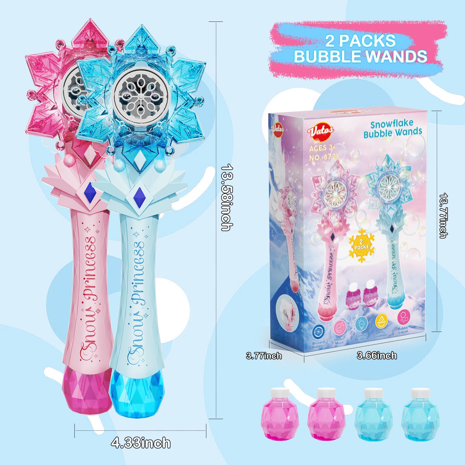 VATOS Bubble Wands 2 Packs for Kids, Automatic Bubble Blower Machine, Light & Music Snowflake Bubble Wand with 2 Windmill & 4 Bottles Bubble Solutions, Bubble Toy for Toddler Girl Boys Adult Party