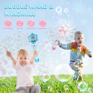 VATOS Bubble Wands 2 Packs for Kids, Automatic Bubble Blower Machine, Light & Music Snowflake Bubble Wand with 2 Windmill & 4 Bottles Bubble Solutions, Bubble Toy for Toddler Girl Boys Adult Party