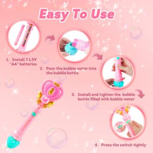 Tlkiaa Bubble Wand for Kids, Princess Toys Heart Bubble Machine Blower Maker Outdoor Toy with Light, Party Birthday Gifts Easter Basket Stuffers for 1 2 3 4 5 6 7 8 Year Old Toddlers Little Girls Pink