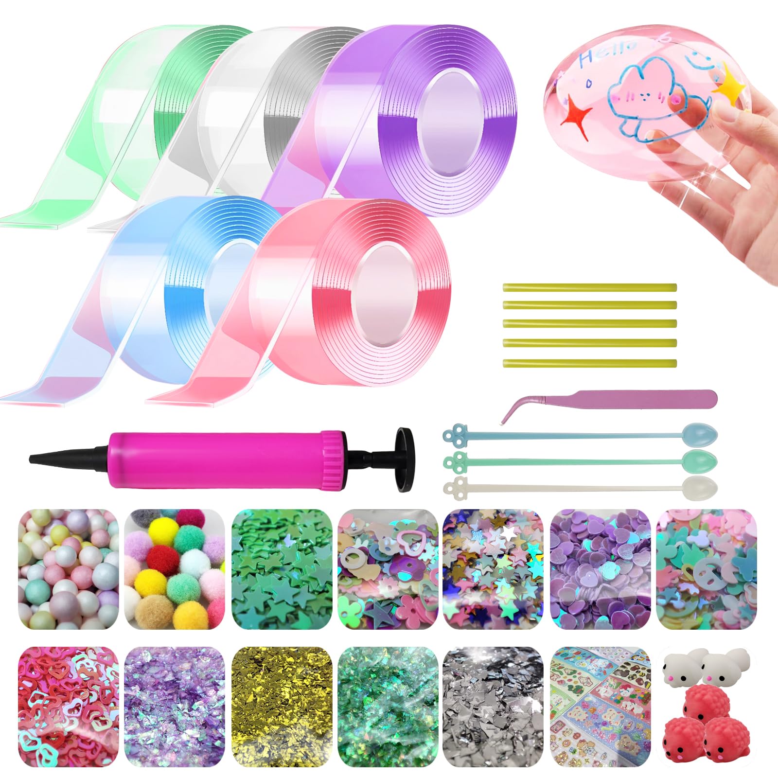 POUYRBA Multicolored Nano Tape Bubble Kit, 43pcs 9.84FT Nano Tape Bubble Kit for Kids Double Sided Tape Plastic Bubble Super Elastic Bubbles DIY Craft Kit for Party Favors