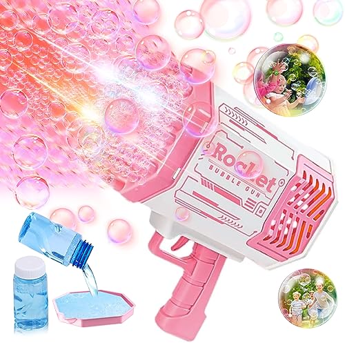 SHCKE Bubble Machine Gun with Colorful Lights,Bubble Solution,69 Holes Rocket Bubble Machine,Summer Outdoor Toy for Kids, Idea for Christmas Birthday Parties Wedding [Pink]