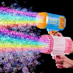 SHCKE Bubble Machine Gun with Colorful Lights,Bubble Solution,69 Holes Rocket Bubble Machine,Summer Outdoor Toy for Kids, Idea for Christmas Birthday Parties Wedding [Pink]