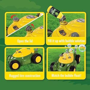 John Deere Bubble-N-Go Mower – Toy Lawn Mower with Bubble Solution | Green Automatic Bubble Machine | No Batteries Required – Sunny Days Entertainment,Green/Yellow