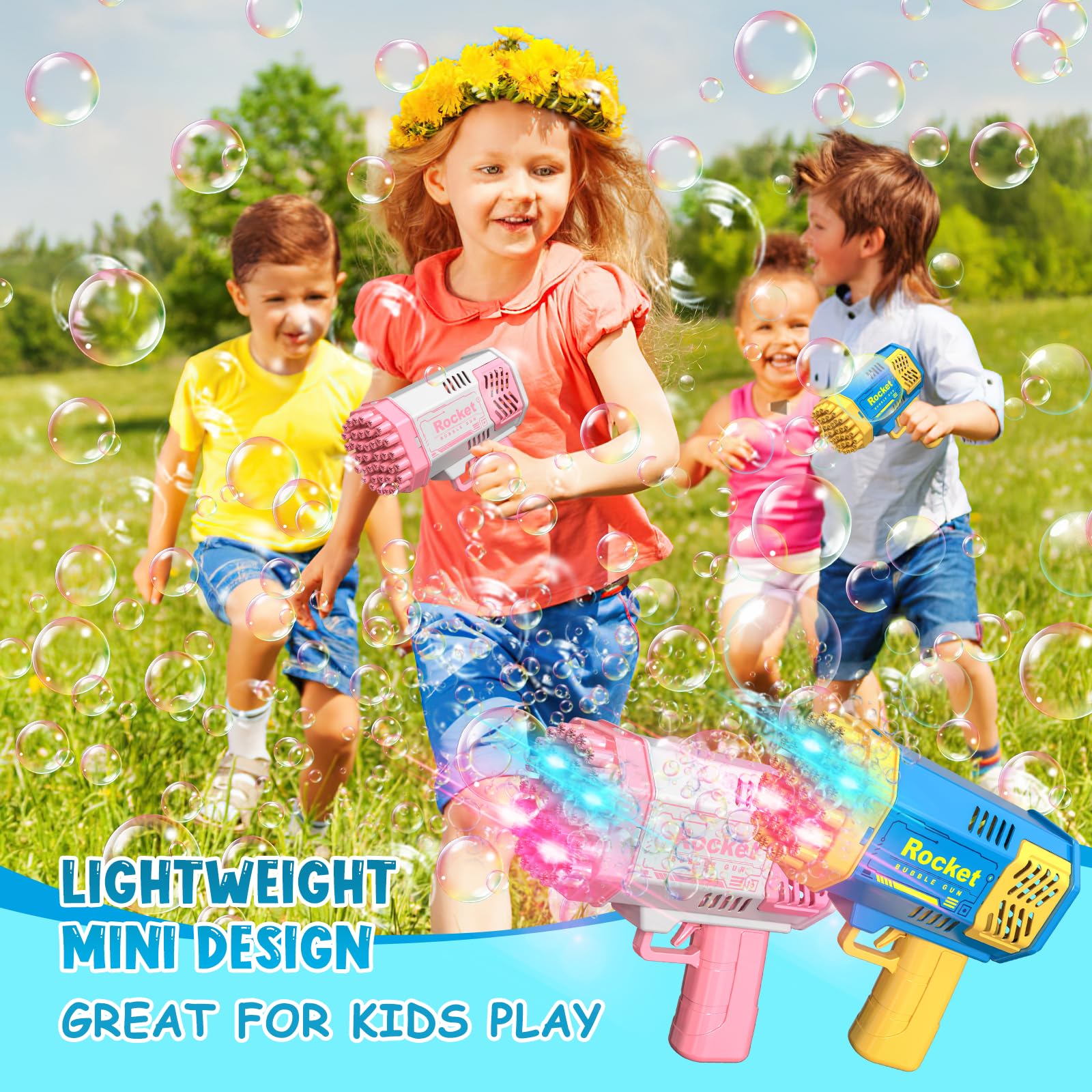 Bubble Machine 2 Pack Mini Bubble Gun for Toddlers, Bubble Maker Blower Toys with Lights,4000+ Bubbles Per Minute for Boys Girls Toddlers Outdoor Indoor Birthday Wedding Party (blue pink)