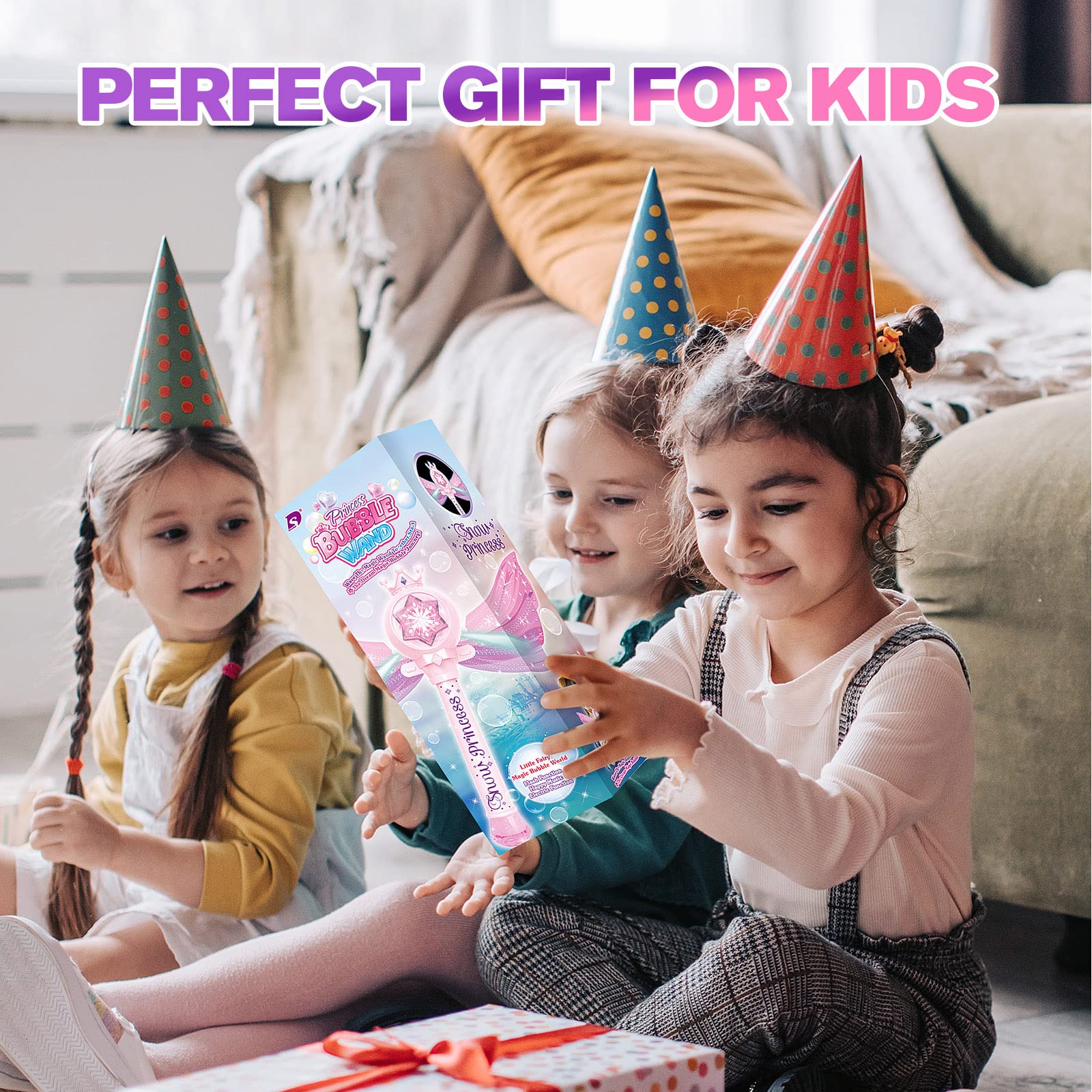 Dolanus Bubble Wands for Kids Girls - Bubble Machine with 7 Bubble Solutions & 3 AA Batteries, LED Light & Music, Outdoor Party Birthday Toddler Girl Toys, Gift for 3 4 5 6 7 8 Year Old