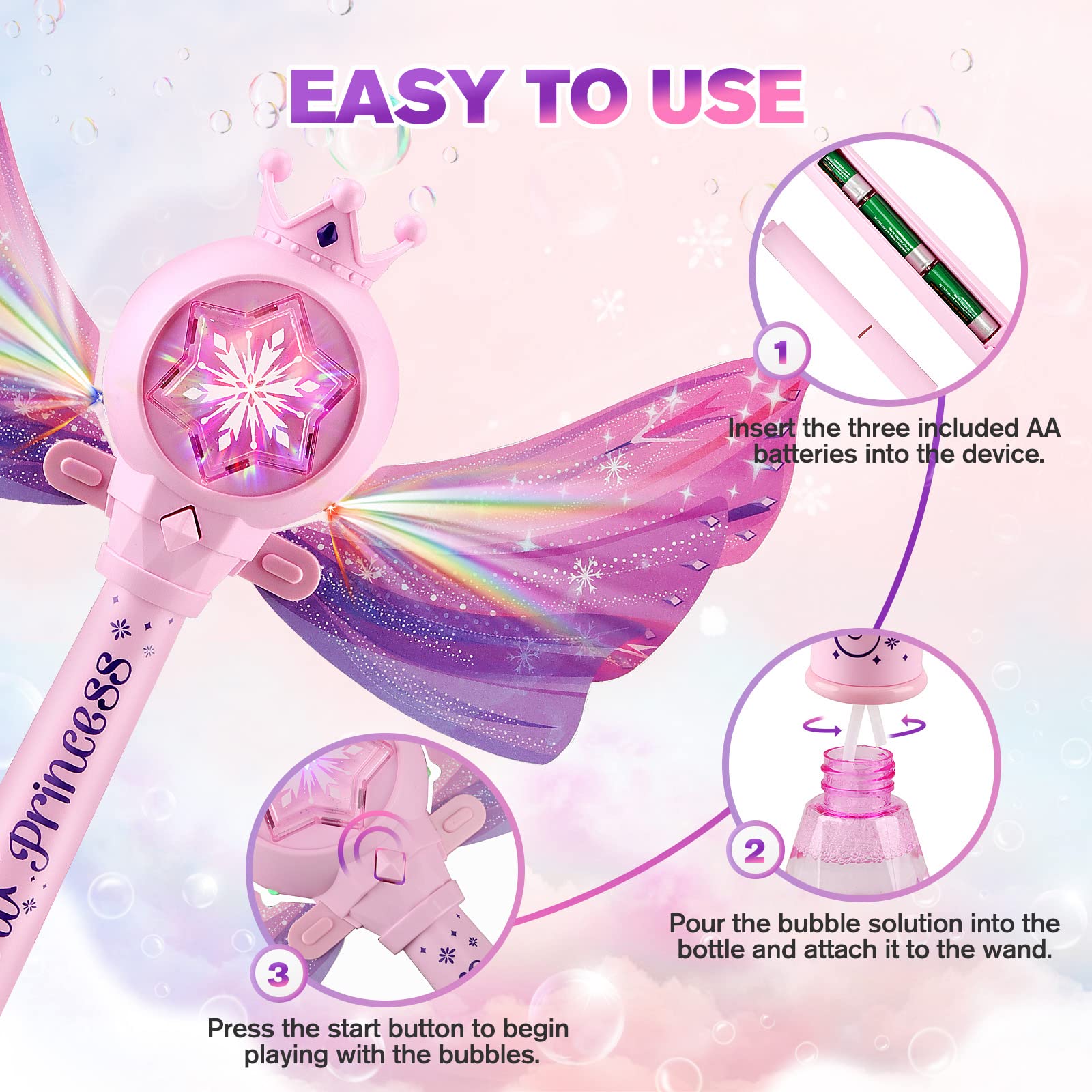 Dolanus Bubble Wands for Kids Girls - Bubble Machine with 7 Bubble Solutions & 3 AA Batteries, LED Light & Music, Outdoor Party Birthday Toddler Girl Toys, Gift for 3 4 5 6 7 8 Year Old