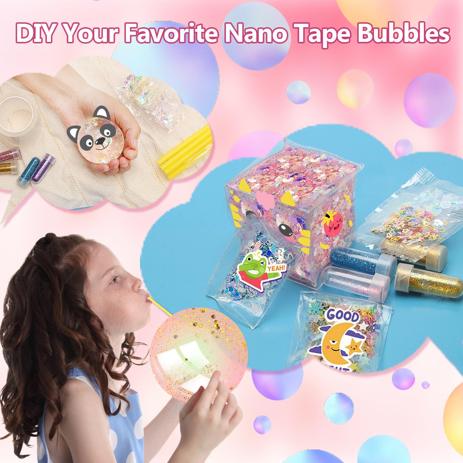 5+35 Pieces Nano Tape Bubbles Kit, Anglecai 5 Pack Double Sided Tape Plastic Super Elastic Bubbles Nano Tape DIY Craft Kit for Party Favors