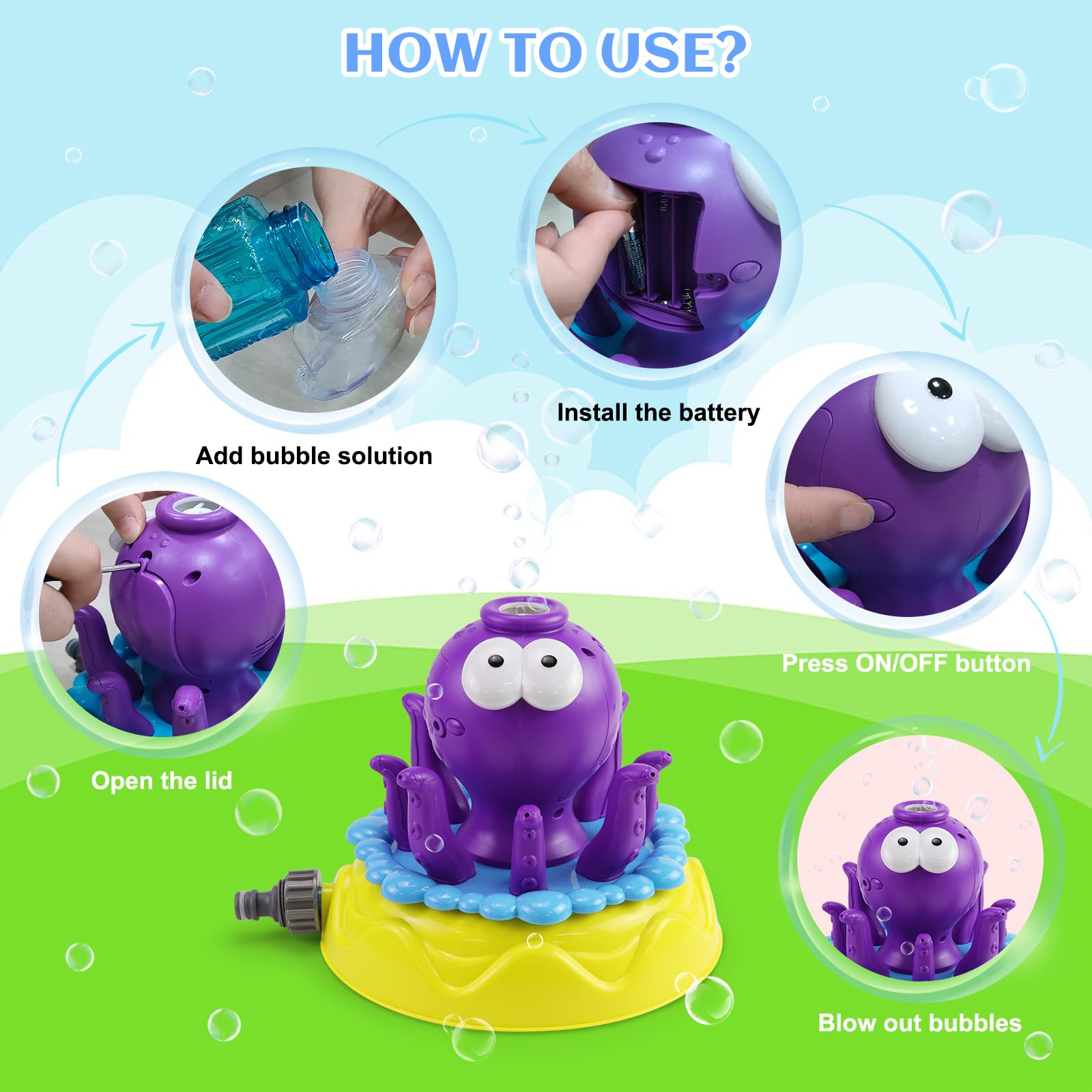 Bubble Machine Water Spray for Kids, 2 in 1 Octopus Automatic Bubble Blower with Sprinkler, Summer Water Spray Bubble Toys for Indoor Outdoor Birthday Wedding Party