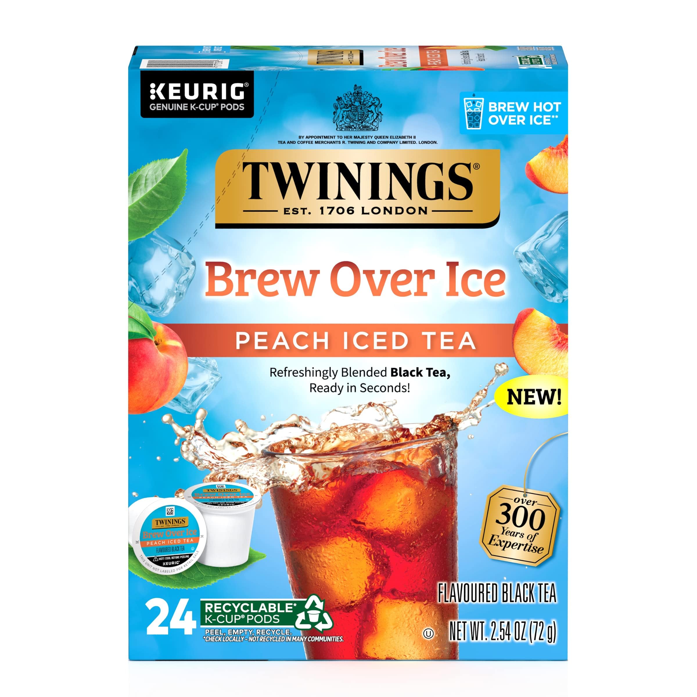 Twinings Brew Over Ice Unsweetened Peach Black Iced Tea K-Cup Pods for Keurig, 24 Count (Pack of 1), Caffeinated