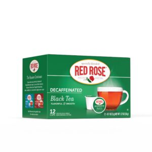 red rose naturally decaffeinated black tea specially blended strong black tea with 12 single serve tea k-cups per brew hot/cold decaf full-bodied black tea k-cups single serve cups