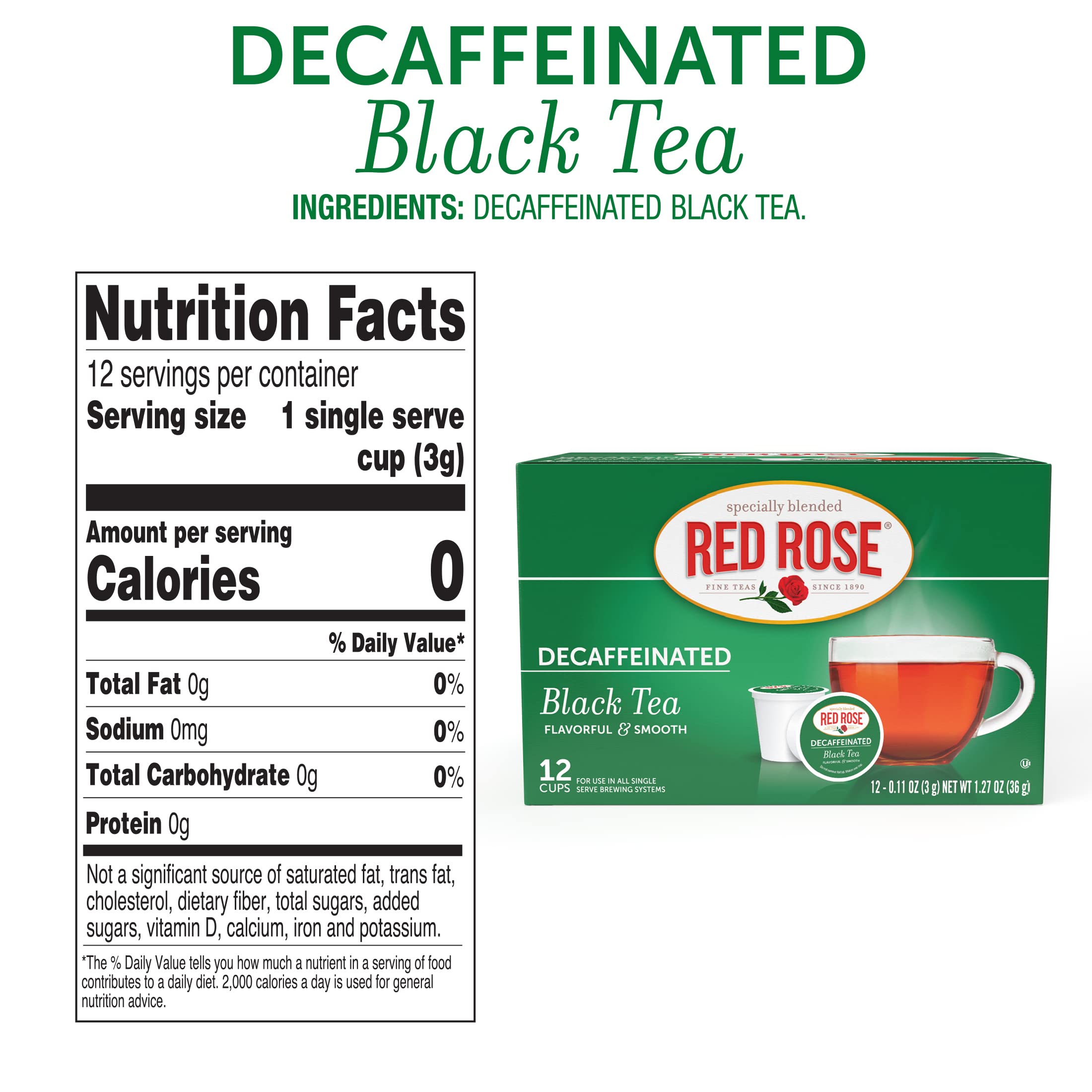 Red Rose Naturally Decaffeinated Black Tea Specially Blended Strong Black Tea with 12 Single Serve Tea K-Cups Per Brew Hot/Cold Decaf Full-bodied Black Tea K-Cups Single Serve Cups