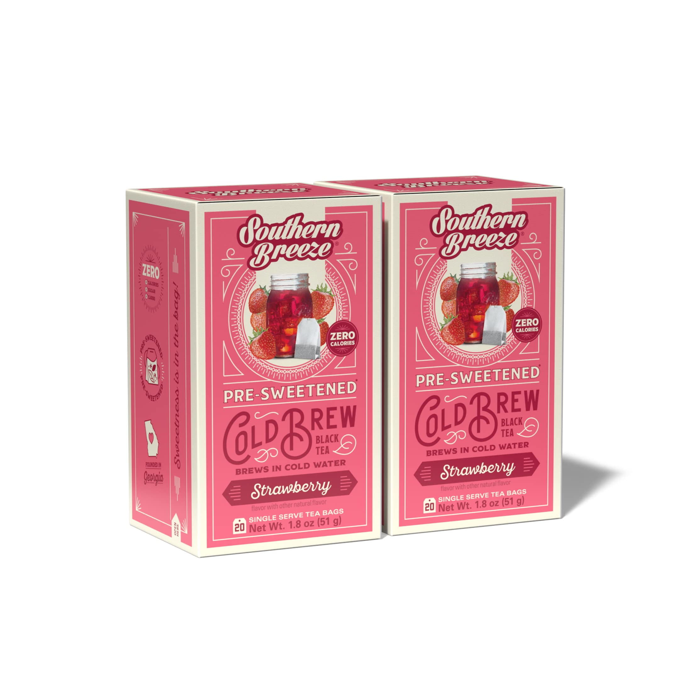 Southern Breeze Cold Brew Sweet Tea Strawberry Iced Tea with Black Tea and Zero Carbs Zero Sugar, 20 Individually Wrapped Tea Bags (Pack of 2) Southern Sweet Tea Iced Tea Beverage