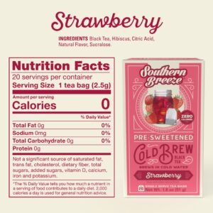 Southern Breeze Cold Brew Sweet Tea Strawberry Iced Tea with Black Tea and Zero Carbs Zero Sugar, 20 Individually Wrapped Tea Bags (Pack of 2) Southern Sweet Tea Iced Tea Beverage