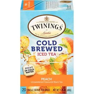 twinings cold brewed iced tea bags, peach - ready in 5 minutes, flavoured black tea cold brew bags, caffeinated, unsweetened, 20 count