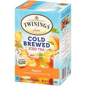 Twinings Cold Brewed Iced Tea Bags, Peach - Ready in 5 Minutes, Flavoured Black Tea Cold Brew Bags, Caffeinated, Unsweetened, 20 Count