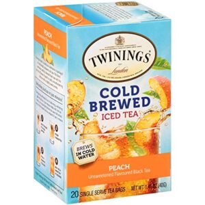 Twinings Cold Brewed Iced Tea Bags, Peach - Ready in 5 Minutes, Flavoured Black Tea Cold Brew Bags, Caffeinated, Unsweetened, 20 Count