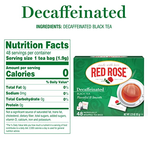 Red Rose Naturally Decaffeinated Black Tea Specially Blended Strong Black Tea with 48 Individually Wrapped Tea Bags Per Box (Pack of 2) Brew Hot/Cold Decaf Black Tea Full-bodied Flavorful Black Tea