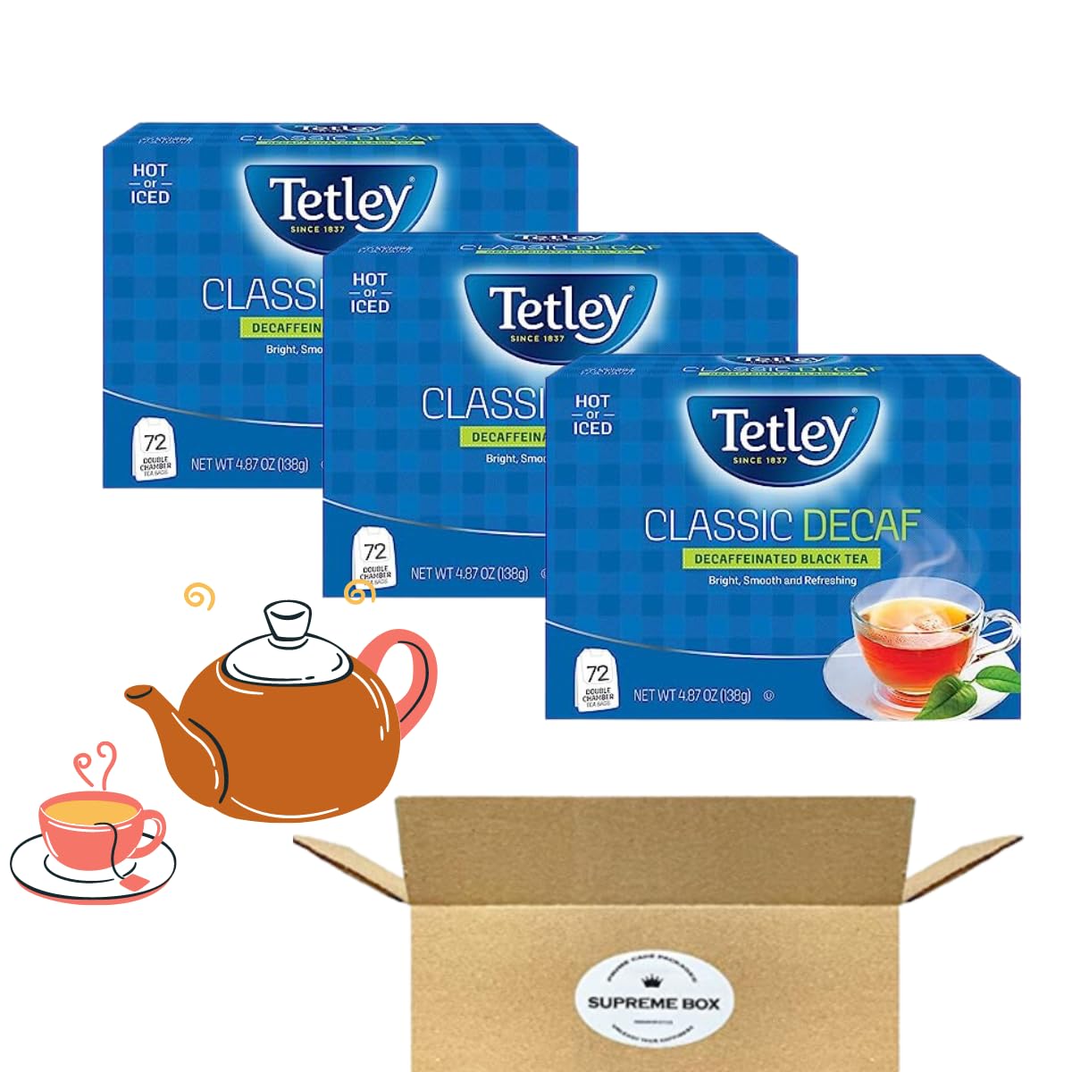 Tetley Classic Decaf Decaffeinated Black Tea Bags, 72 count - Pack of 3 (216 count in total)