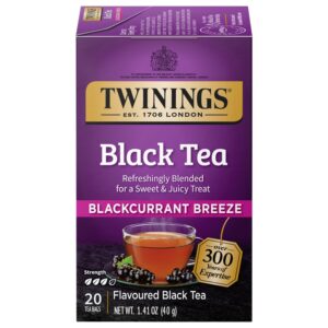 twinings of london premium blackcurrant breeze black tea, strong and distinctive black tea, sweet and tangy black currant tea taste, 20 tea bags