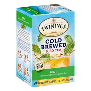 twinings cold brewed iced tea - mint flavored green tea with peppermint leaves, caffeinated green and black tea extracts, unsweetened cold brew tea bags individually wrapped, 20 count