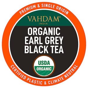 vahdam, organic earl grey black tea k cup (18 pods) keurig compatible | usda organic black tea pods with citrusy bergamot, med caffeine | bpa free & recyclable pods, single serve