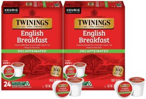 twinings decaf english breakfast tea k-cup pods for keurig, naturally decaffeinated black tea, smooth, flavourful, robust, 24 count (pack of 2), enjoy hot or iced