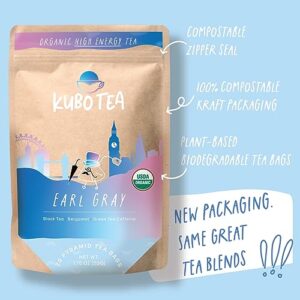 Kubo Tea, Earl Grey Black Tea, Organic High Caffeine Blend, 20 Servings (155mg Caffeine each), Pyramid Tea Bags, Compostable & Biodegradable Packaging, Healthy Coffee Substitute