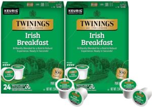 twinings irish breakfast tea k-cup pods for keurig, caffeinated black tea, robust, strong, bold flavour, 24 count (pack of 2)