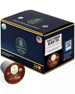 organic black tea pods for keurig - naturally caffeinated tea for kcup - premium unsweetened black tea for hot tea brewing or iced tea by teavity (36 tea pods)