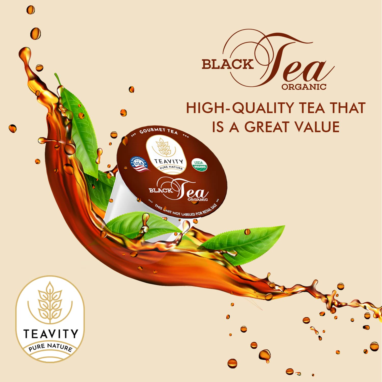 Organic Black Tea Pods for Keurig - Naturally Caffeinated Tea for KCup - Premium Unsweetened Black Tea for Hot Tea Brewing or Iced Tea by Teavity (36 Tea Pods)