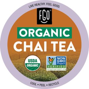 organic chai black tea k-cup pods, 24 pods by fgo - keurig compatible - naturally occurring caffeine, premium black tea is usda organic, non-gmo, & recyclable