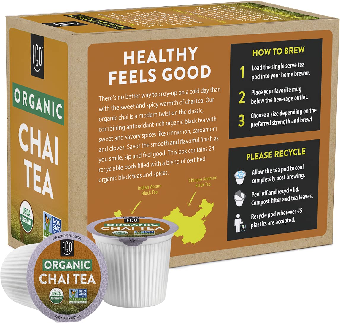 Organic Chai Black Tea K-Cup Pods, 24 Pods by FGO - Keurig Compatible - Naturally Occurring Caffeine, Premium Black Tea is USDA Organic, Non-GMO, & Recyclable