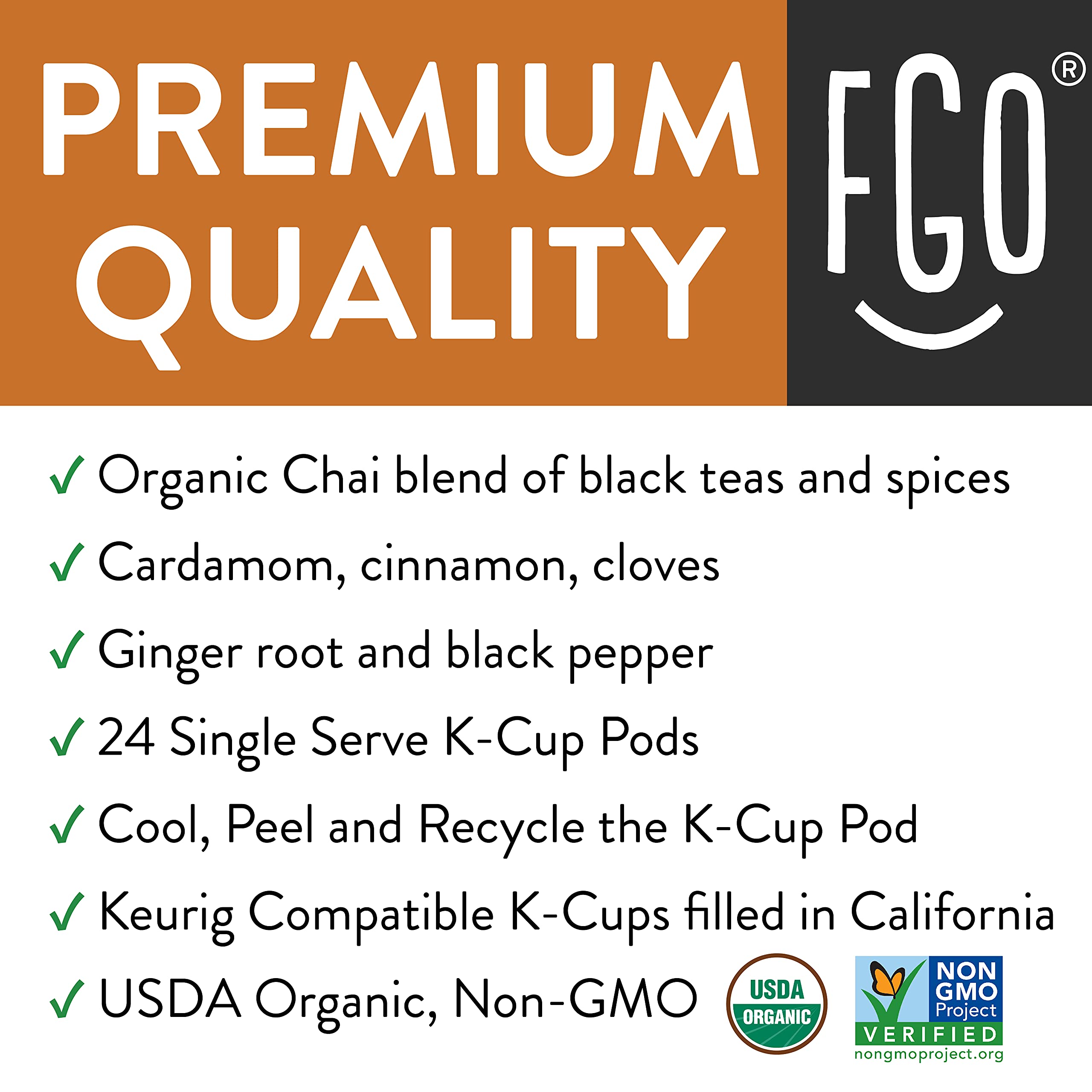 Organic Chai Black Tea K-Cup Pods, 24 Pods by FGO - Keurig Compatible - Naturally Occurring Caffeine, Premium Black Tea is USDA Organic, Non-GMO, & Recyclable