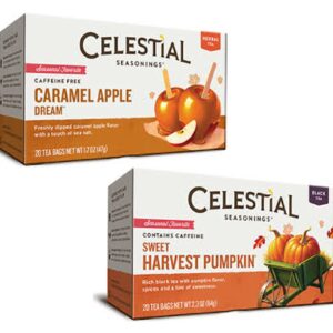 Celestial Seasonings Sweet Harvest Pumpkin Black Tea, 20-tea Bags, 2.3oz and Celestial Seasonings Caramel Apple Dream Tea, 20 Count Tea Bags -2 Boxes (40 Bags) Limited Edition Fall Flavors Bundle