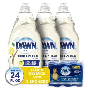 dawn free & clear dishwashing liquid dish soap (3x24 oz) + dawn non-scratch scrubber sponge (2 count), lemon essence