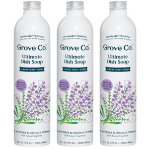 grove co. ultimate dish soap refills (3 x 16 fl oz) removes 48-hr stuck-on food and grease, plastic free cleaning products, 100% natural lavender blossom & thyme fragrance