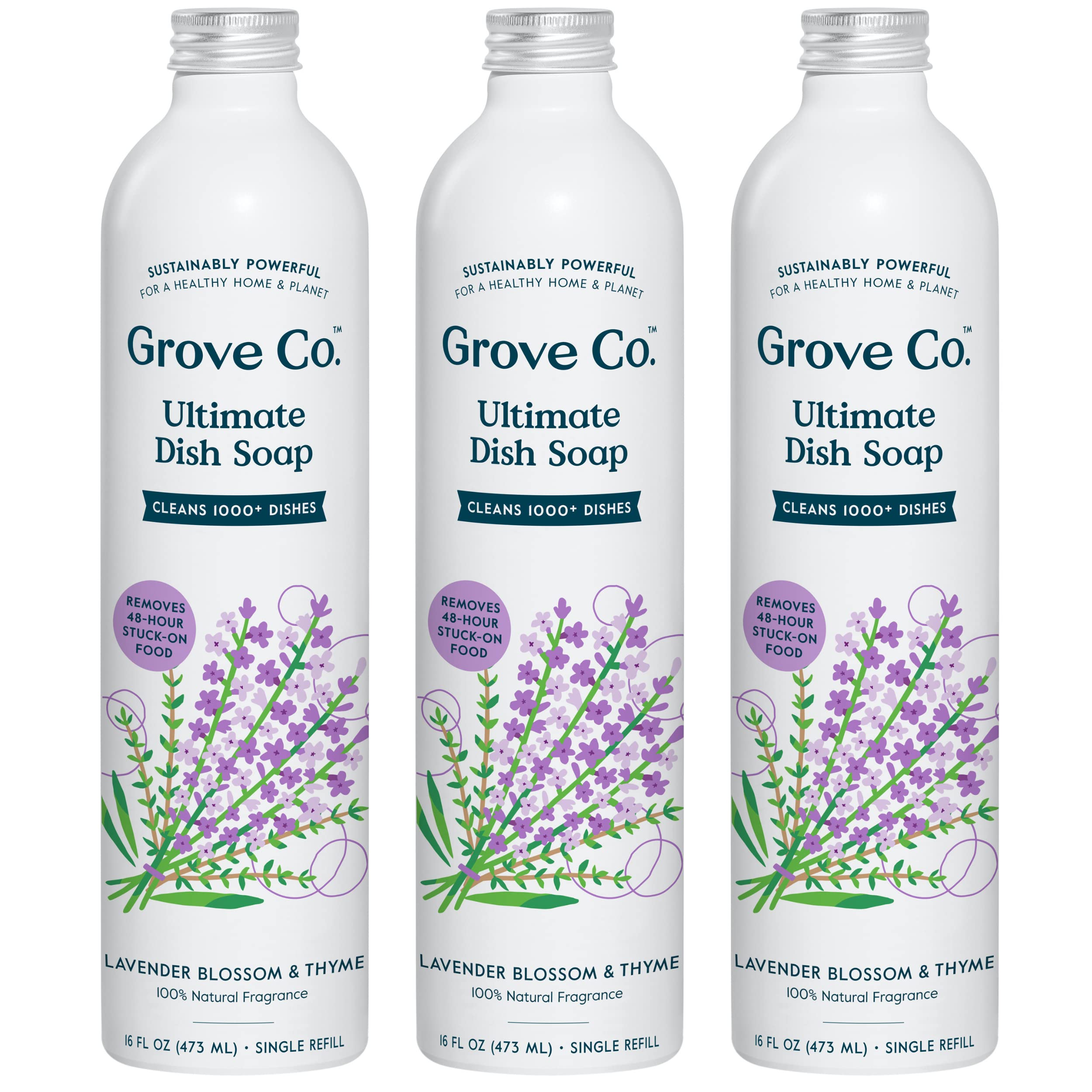 Grove Co. Ultimate Dish Soap Refills (3 x 16 Fl Oz) Removes 48-hr Stuck-on Food and Grease, Plastic Free Cleaning Products, 100% Natural Lavender Blossom & Thyme Fragrance