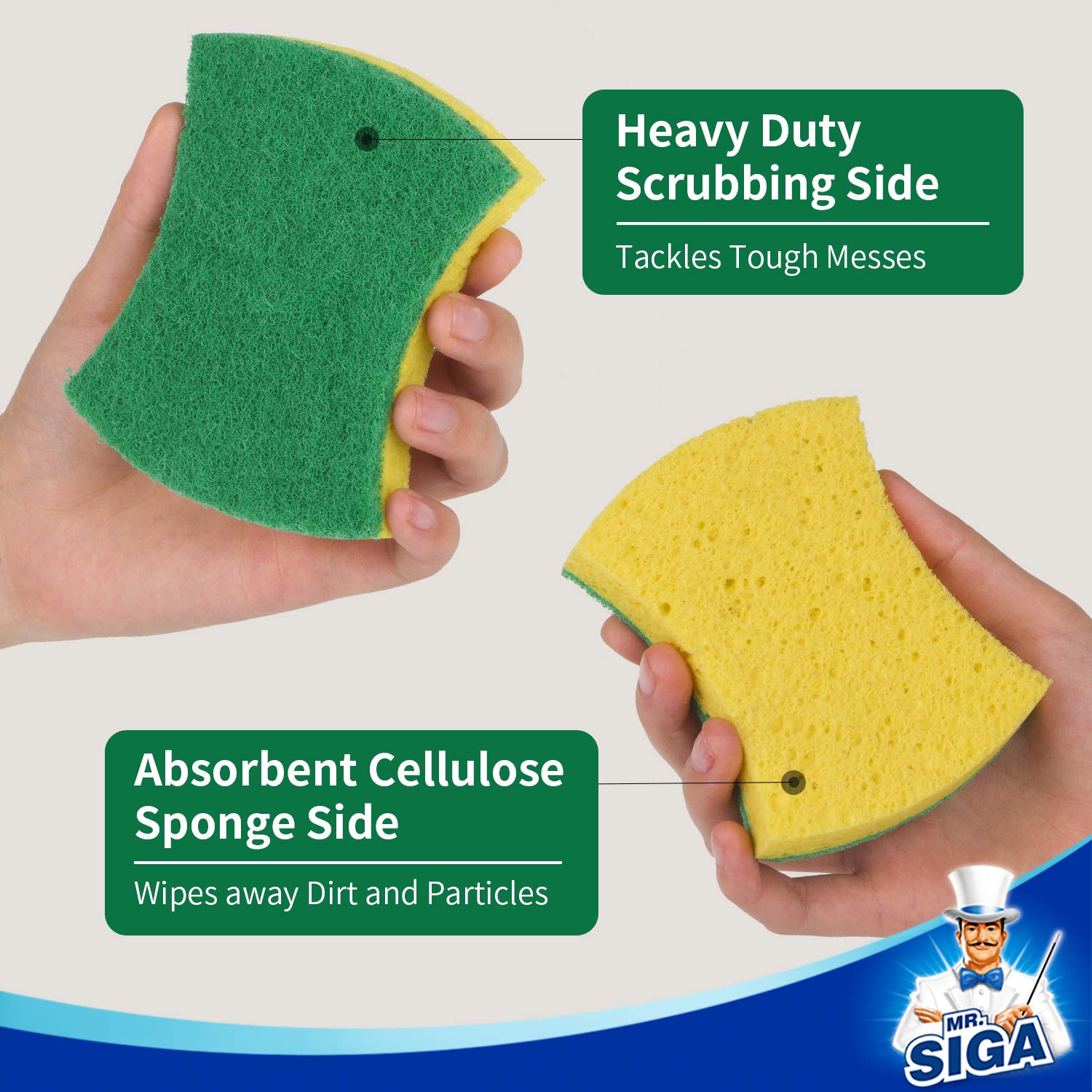 MR.SIGA Heavy Duty Cellulose Scrub Sponge, Dual-Sided Dishwashing Sponge for Kitchen, 12 Pack