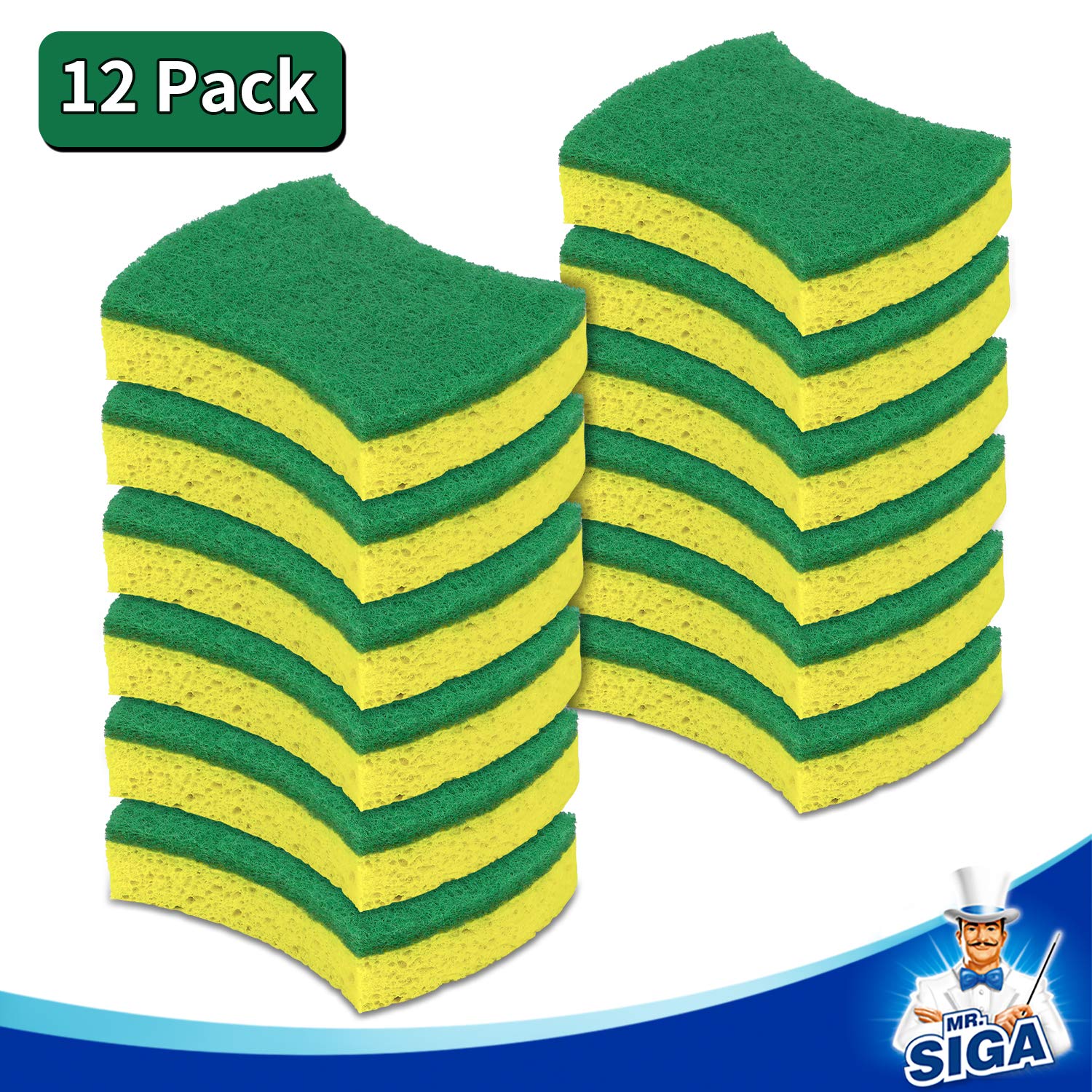 MR.SIGA Heavy Duty Cellulose Scrub Sponge, Dual-Sided Dishwashing Sponge for Kitchen, 12 Pack