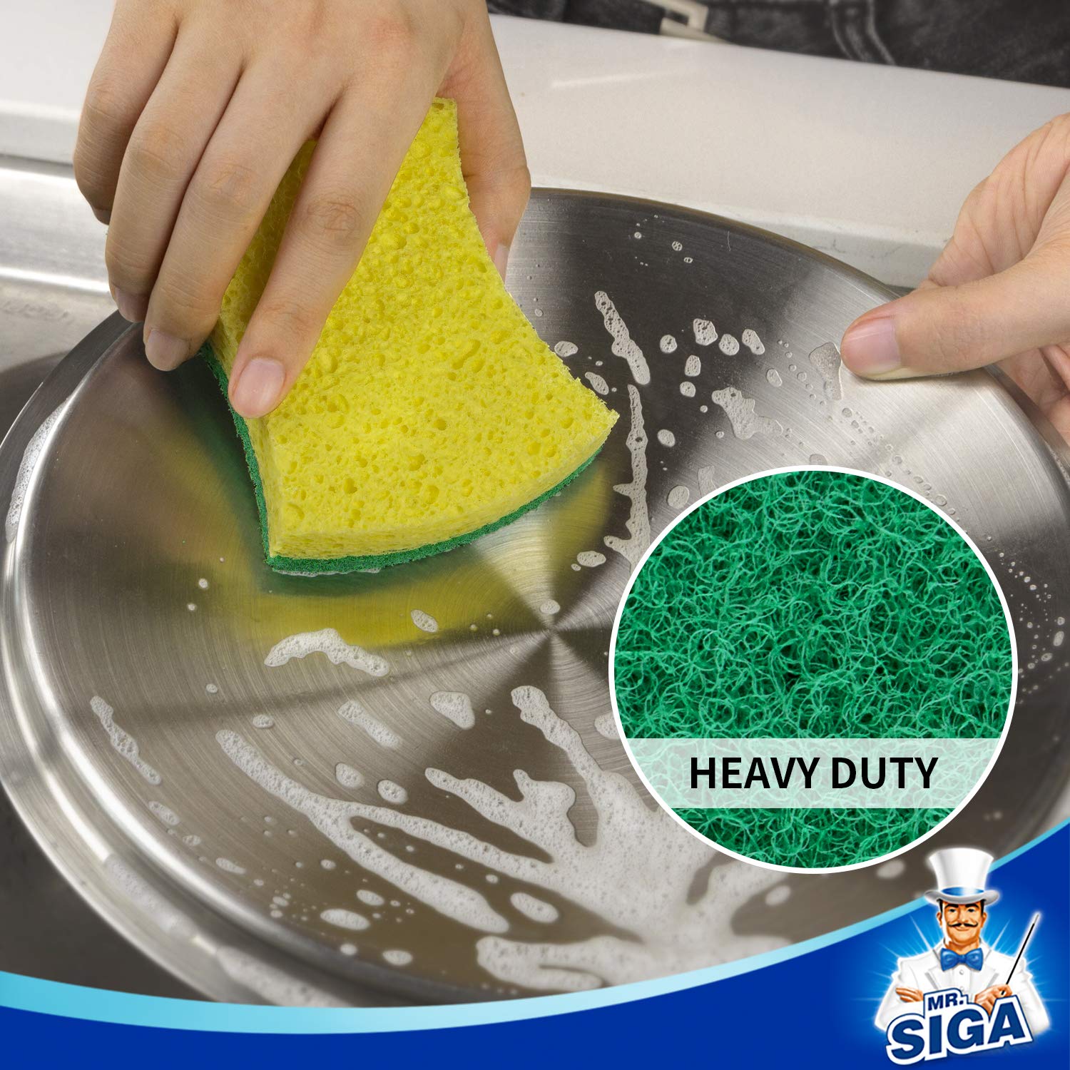 MR.SIGA Heavy Duty Cellulose Scrub Sponge, Dual-Sided Dishwashing Sponge for Kitchen, 12 Pack