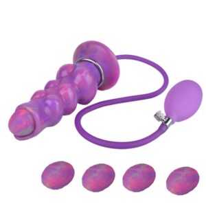 fantasy ovipositor dildo hollow tunnel with 5 eggs adult sex toy for women, couples, 6.89'' knotted luminous dildo anal sex toys - purple inflatable pump