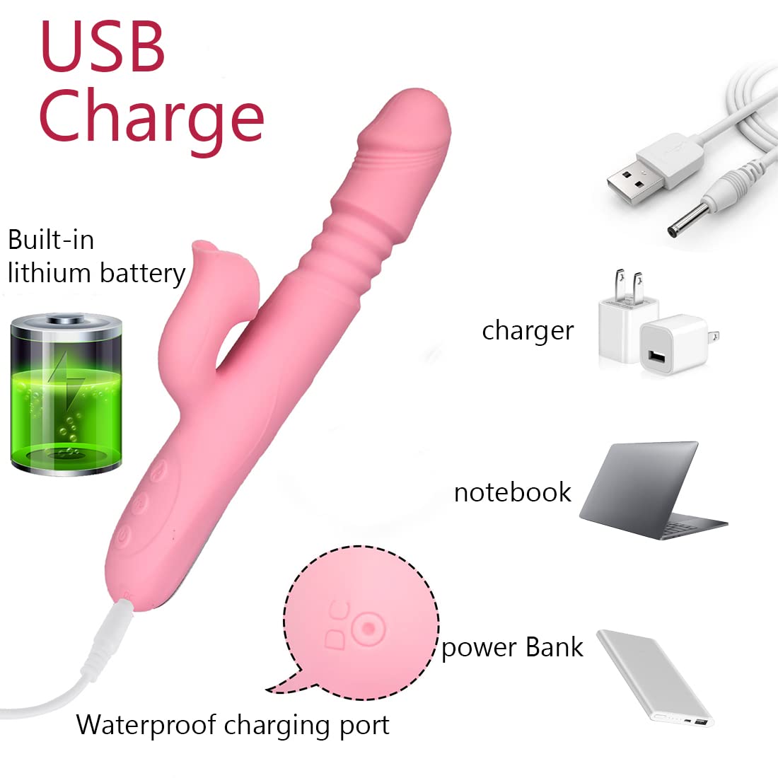 Thrusting Rabbit Vibrator for Women, G Spot Dildo Vibrator 3 Thrusting Rotating and 7 Clitoris Stimulator Vibrator 3 in 1 Rechargeable Heating Anal Dildo Adult Sensory Sex Toys Pink US3