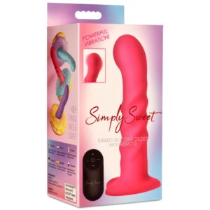 SIMPLY SWEET 21X Vibrating Ribbed Silicone Dildo with Remote for Women, Men & Couples. 3 Speeds and 7 Patterns of Vibration. Flexible Shaft, Harness Compatible Suction Base, Rechargeable. Ribbed, Pink