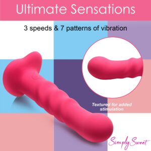 SIMPLY SWEET 21X Vibrating Ribbed Silicone Dildo with Remote for Women, Men & Couples. 3 Speeds and 7 Patterns of Vibration. Flexible Shaft, Harness Compatible Suction Base, Rechargeable. Ribbed, Pink